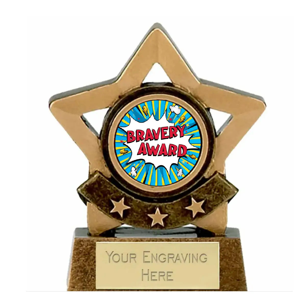 Mini Gold Star Bravery Award Trophy 8cm Resin FREE engraving and Certi ...